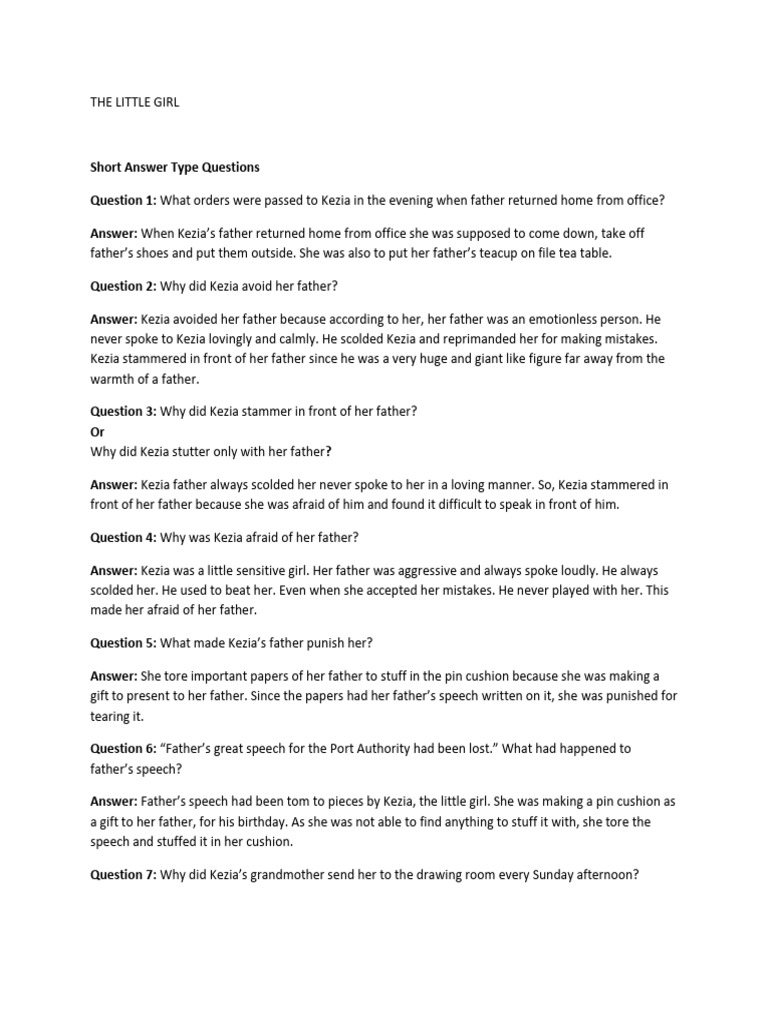 Class 9 GK Questions on "The Little Girl" | PDF | Ghosts | Guru