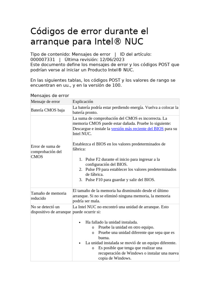 Códigos Error Tarjetas INTEL | PDF | Arranque | Bios