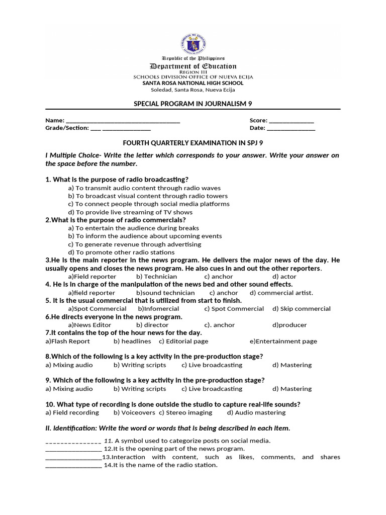 4th Periodical Test SPJ 9 | PDF | Sound Recording And Reproduction | News