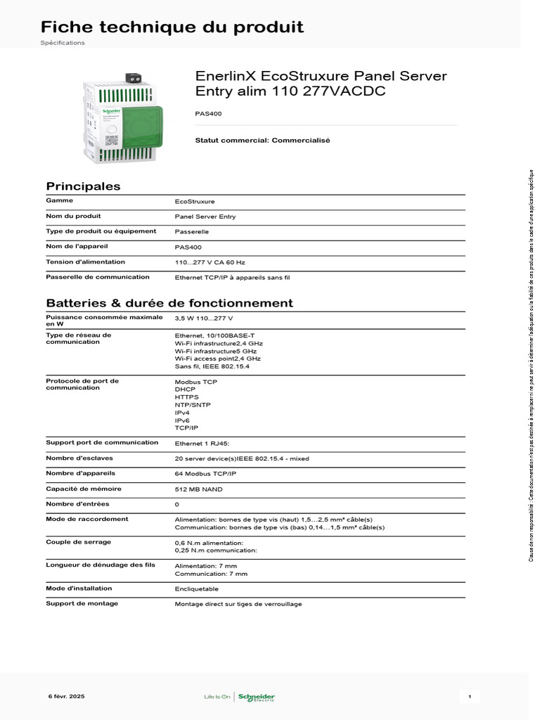 Serveur EcoStruxure PAS400 de Schneider | PDF | Protocoles Internet | Wi-Fi