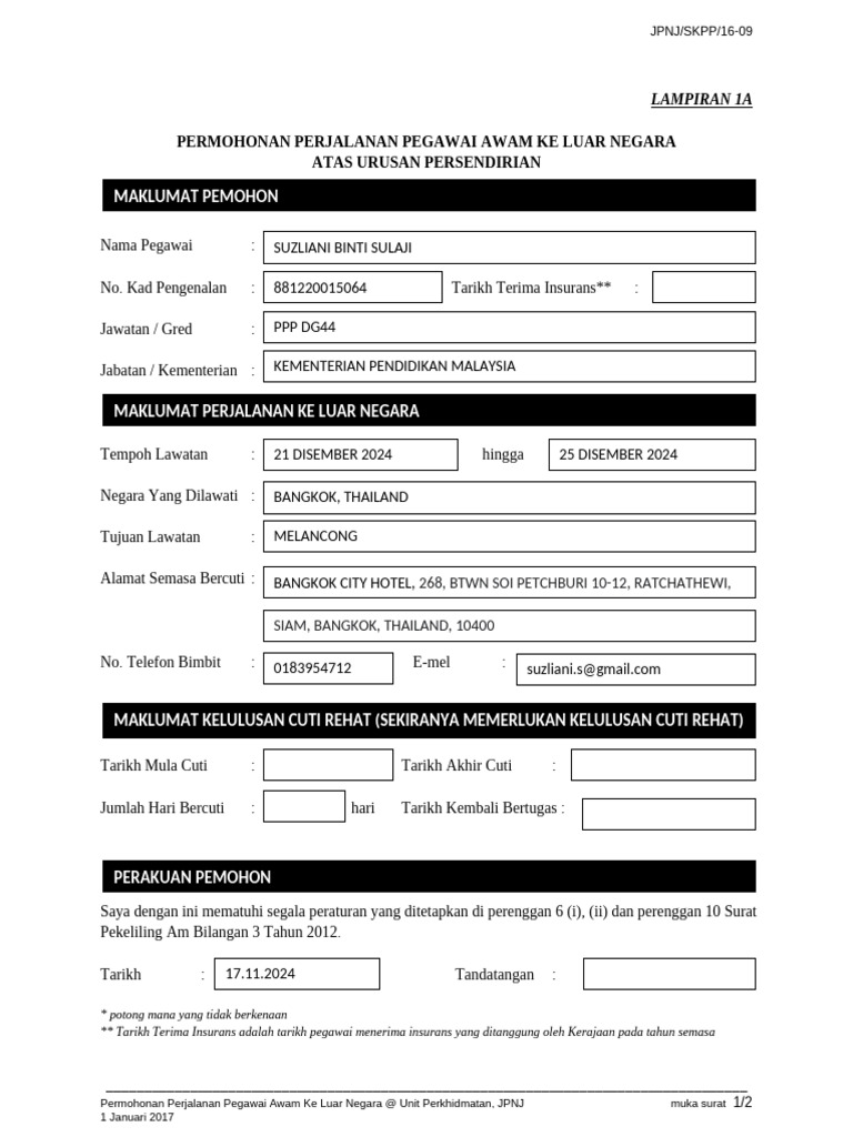 Borang Permohonan Keluar Negara Kosong_ BANGKOK | PDF