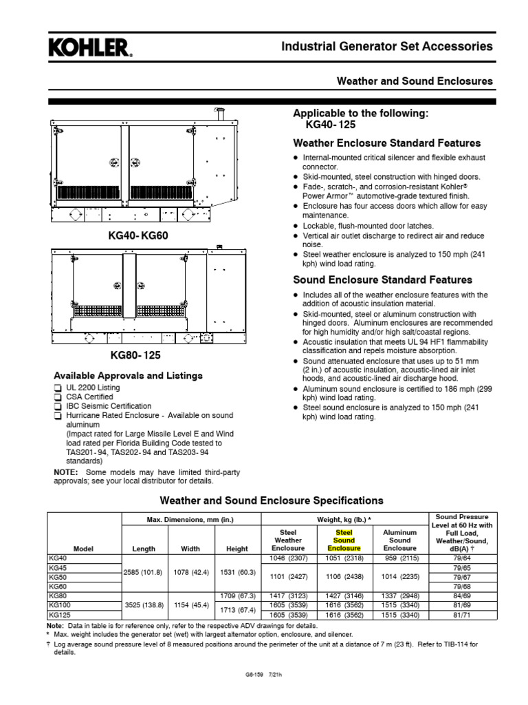 Kohler KG40-125 Enclosure Specifications | PDF | Thermal Insulation ...