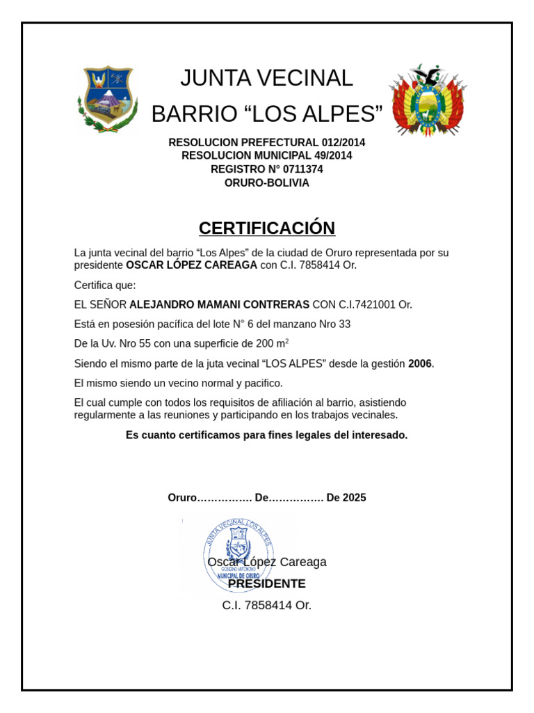 Certificacion Junta Vecinal-1 | PDF