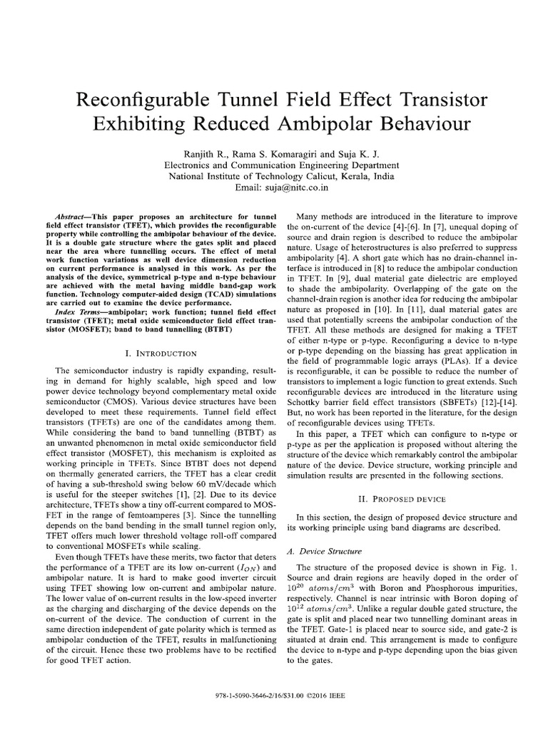 Reconfigurable Tunnel Field Effect Transistor Exhibiting Reduced Ambipolar Behaviour | PDF ...
