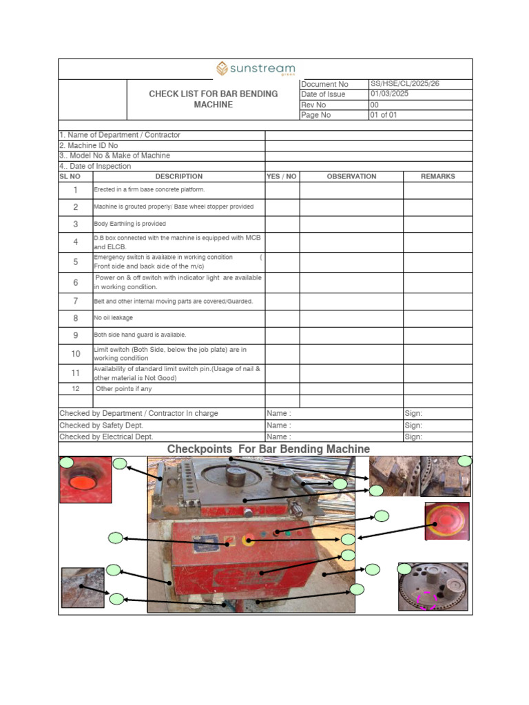 Bar Bending Machine Safety Checklist | PDF