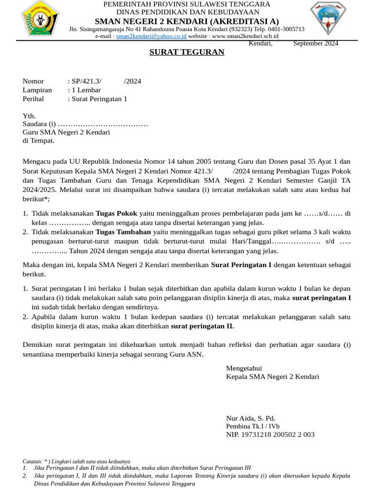 Contoh Surat Teguran Kepala Sekolah | PDF