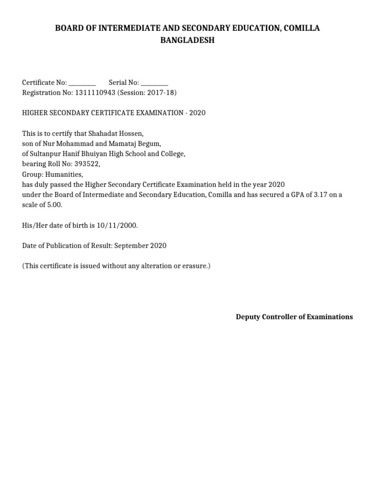 HSC Certificate Sample | PDF