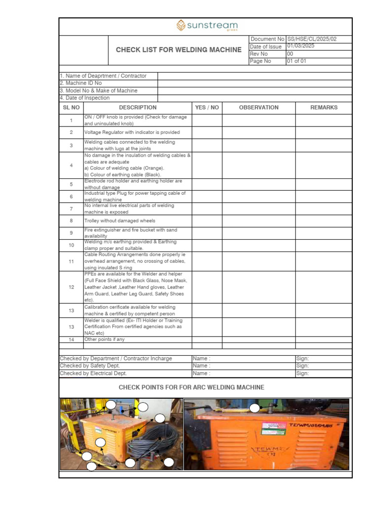 Welding Machine Safety Checklist | PDF | Welding | Construction