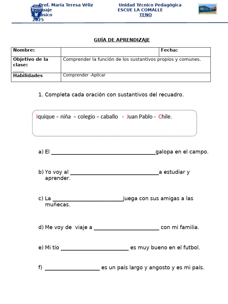 Guía de Aprendizaje Sustantivos | PDF