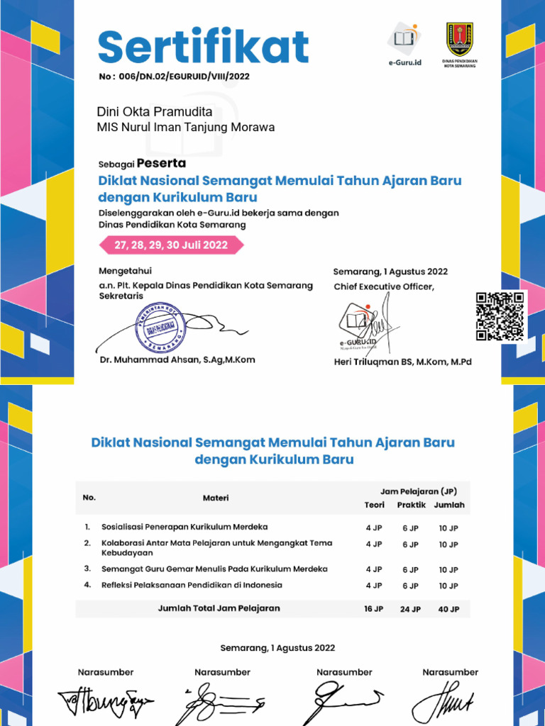 DINI OKTA PRAMUDITA Sertifikat Diklat 40Jp Juli E-Guru - Id - 2 | PDF