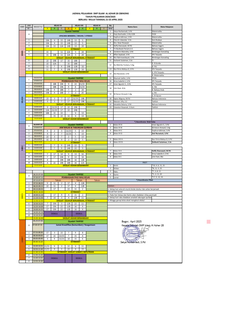 Jadwal Pelajaran SMP Islam Al Azhar 28 Cibinong TAHUN PELAJARAN 2024/ ...