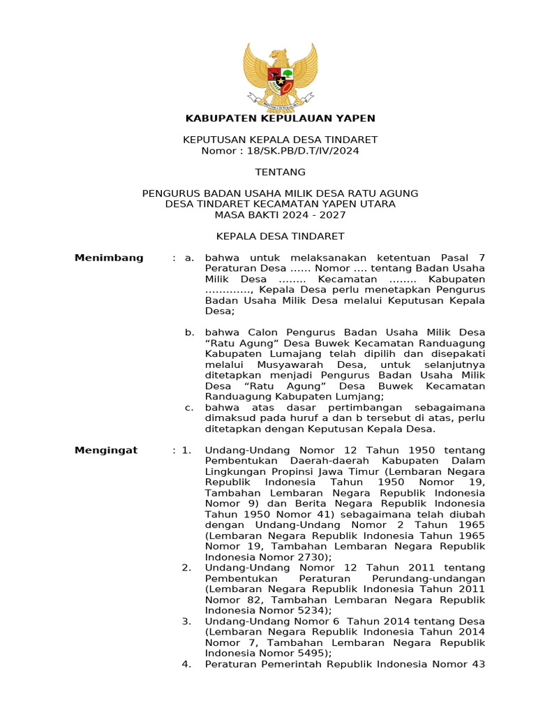 Contoh SK Pengurus BUM Desa Terbaru | PDF
