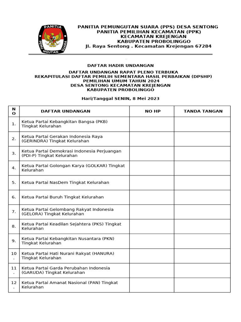 Rapat Pleno Terbuka Pemilu 2024 Sentong | PDF