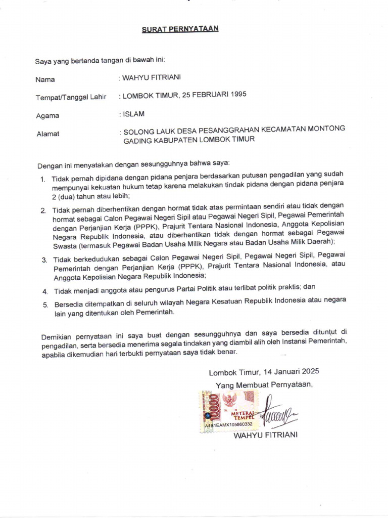 Surat Pernyataan Dan Kesanggupan Wahyu Fitriani | PDF