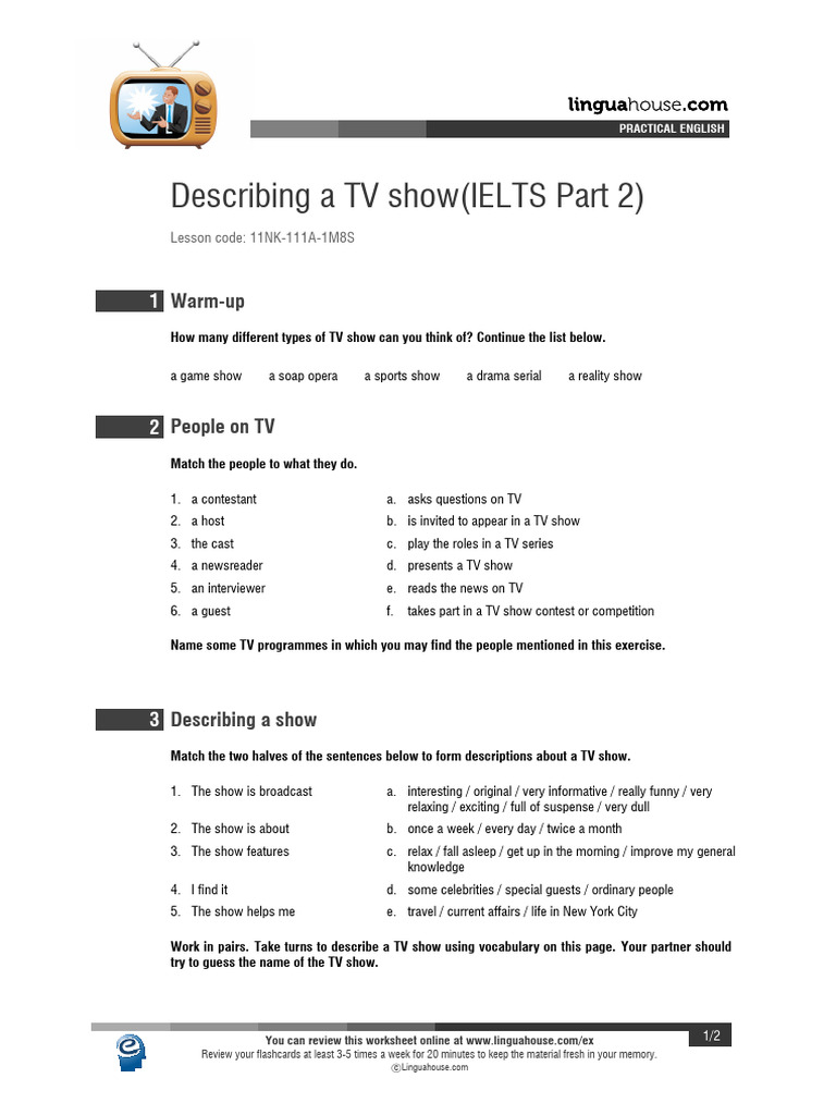 Describing A TV Show Ielts Speaking Part 2 British English Teacher BW | PDF