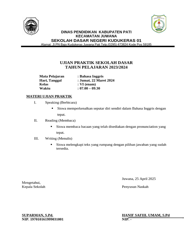 Kisi-kisi Ujian Praktikum Bahasa Inggris 2023- 2024.docx | PDF