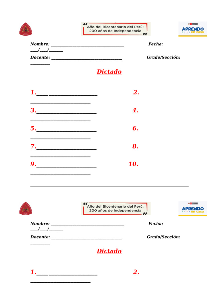 Plantilla de Dictado Escolar | PDF