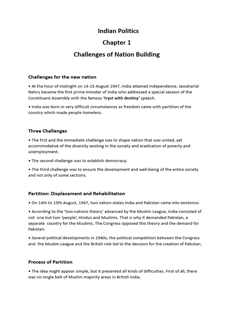 Chapter 1 Challenges of Nation Building Class 12 Political Science ...