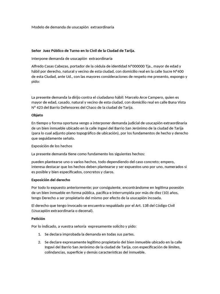 Modelo de Demanda de Usucapión Extraordinaria | PDF | Posesión adversa | Justicia