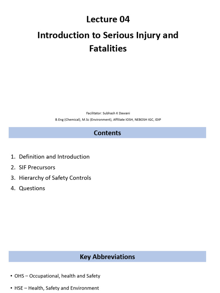OHS Lecture 4 - Introduction To Serious Injury and Fatalities (SIF ...