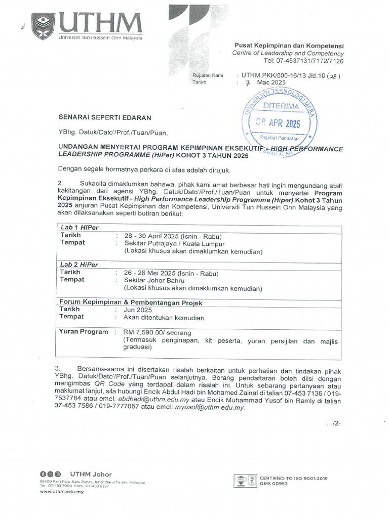 Undangan Menyertai Program Kepimpinan Eksekutif - HiPer KOHOT 3 Tahun ...