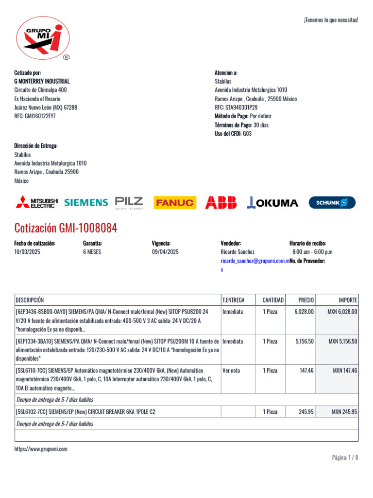 Cotización - GMI-1008084 - SIEMENS | PDF | Ingenieria Eléctrica ...