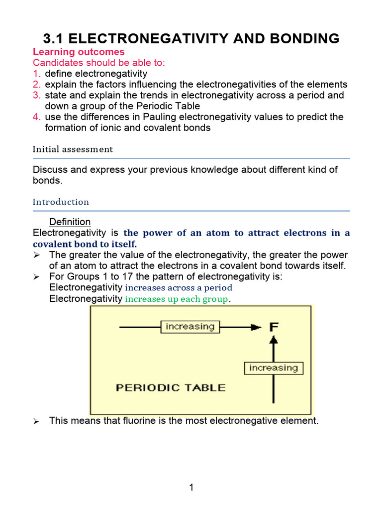 3.1 Electronegativity & Bonding | PDF | Ionic Bonding | Chemical Bond
