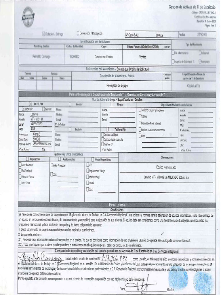 Formato Asignacion Equipo Reinaldo Camargo | PDF