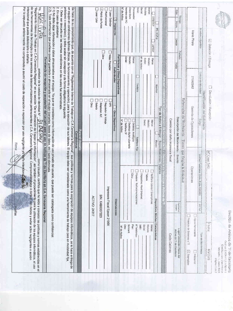 Formato Asignacion Impresora Fiscal Maria Pirela | PDF
