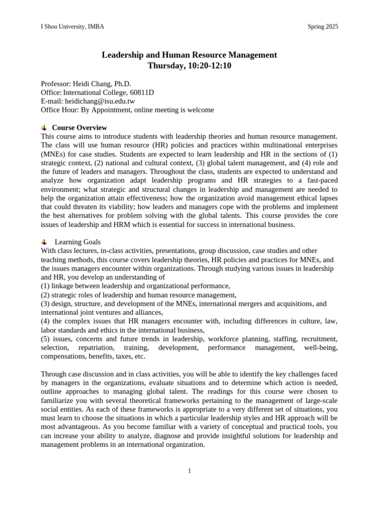 Leadership HR Syllabus, 2025, Dr. Chang | PDF | Human Resource ...