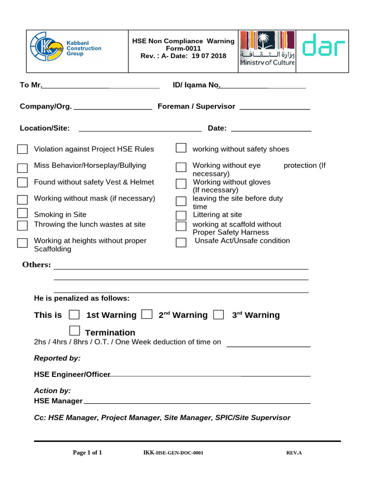 Form-0011-HSE Non Compliance Warning | PDF