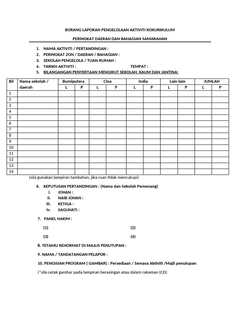 Borang Laporan Pengelolaan Aktiviti Kokurikulum | PDF