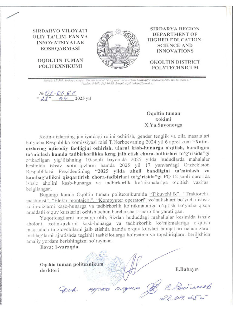 Oqoltin PT Namuna Xat | PDF