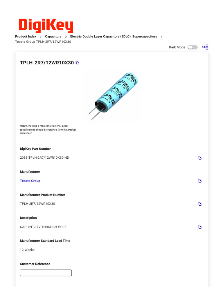 TPLH-2R7 - 12WR10X30 Tecate Group - Capacitors - DigiKey | PDF | Capacitor | Capacitance