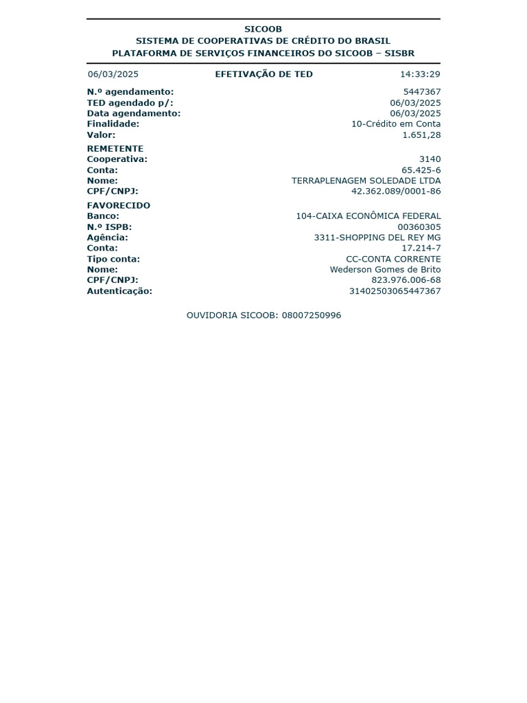 Sicoob Comprovante (06-03-2025 14-33-32) | PDF