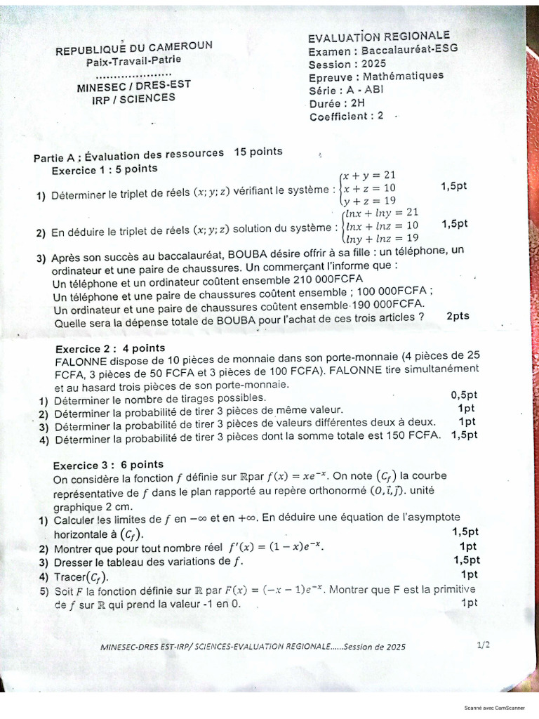 Bac A Mathématiques Blanc EST 2025 | PDF
