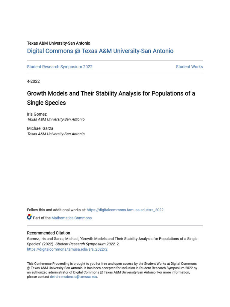 Growth Models and Their Stability Analysis For Populations of A S | PDF ...