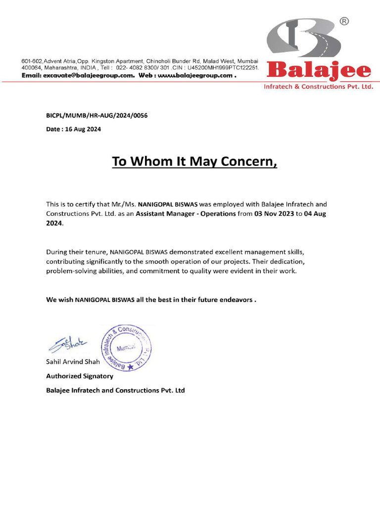 Experience Certificate NANIGOPAL BISWAS BICPL | PDF