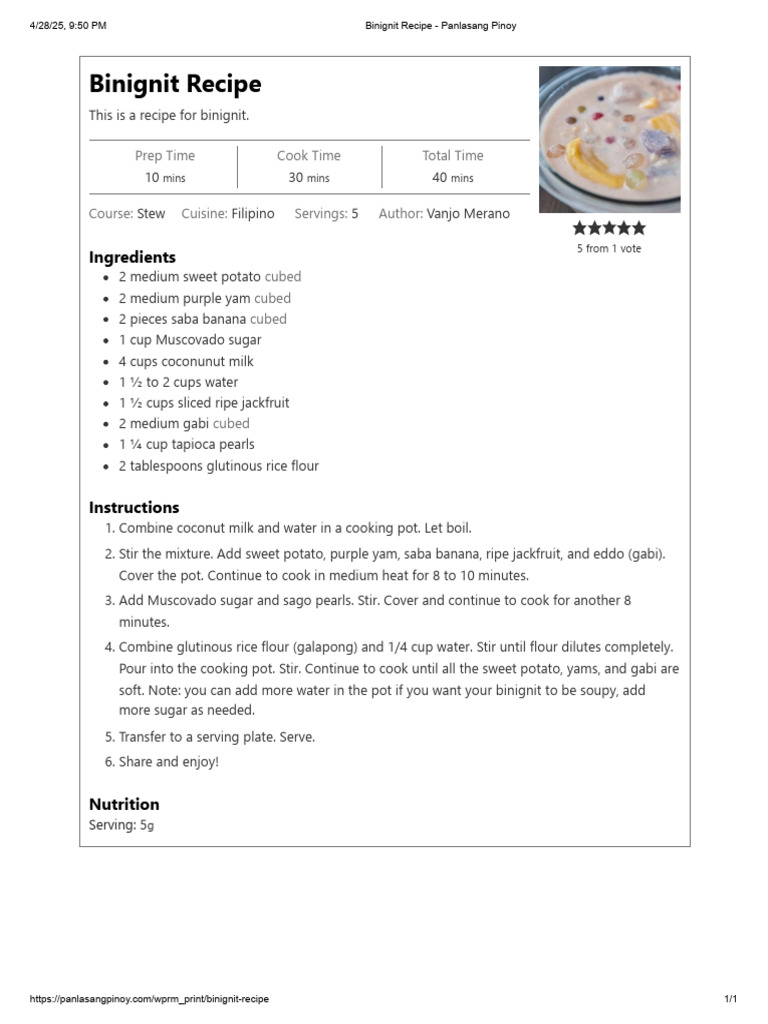 Binignit Recipe - Panlasang Pinoy | PDF