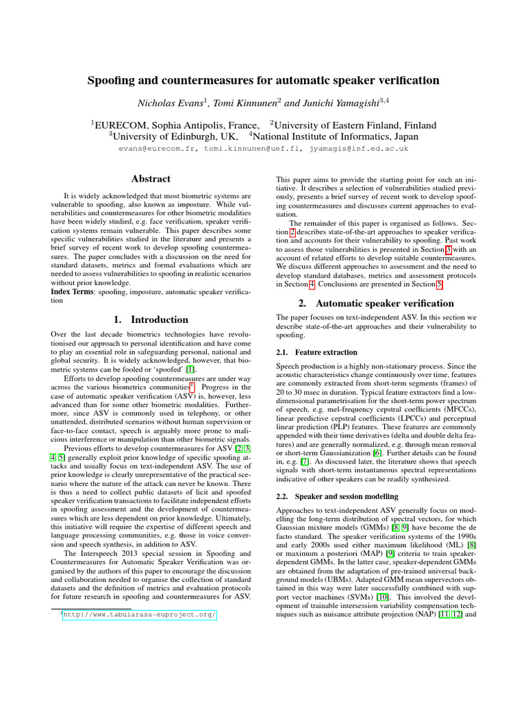 Spoofing and Countermeasures For Automatic Speaker Verification - Evans, Kinnunen, Yamagashi ...