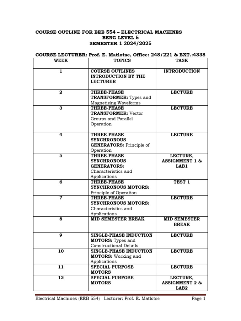 EEB 554 - Electrical Machines Course outline 2024-2025 Semester 1 | PDF ...