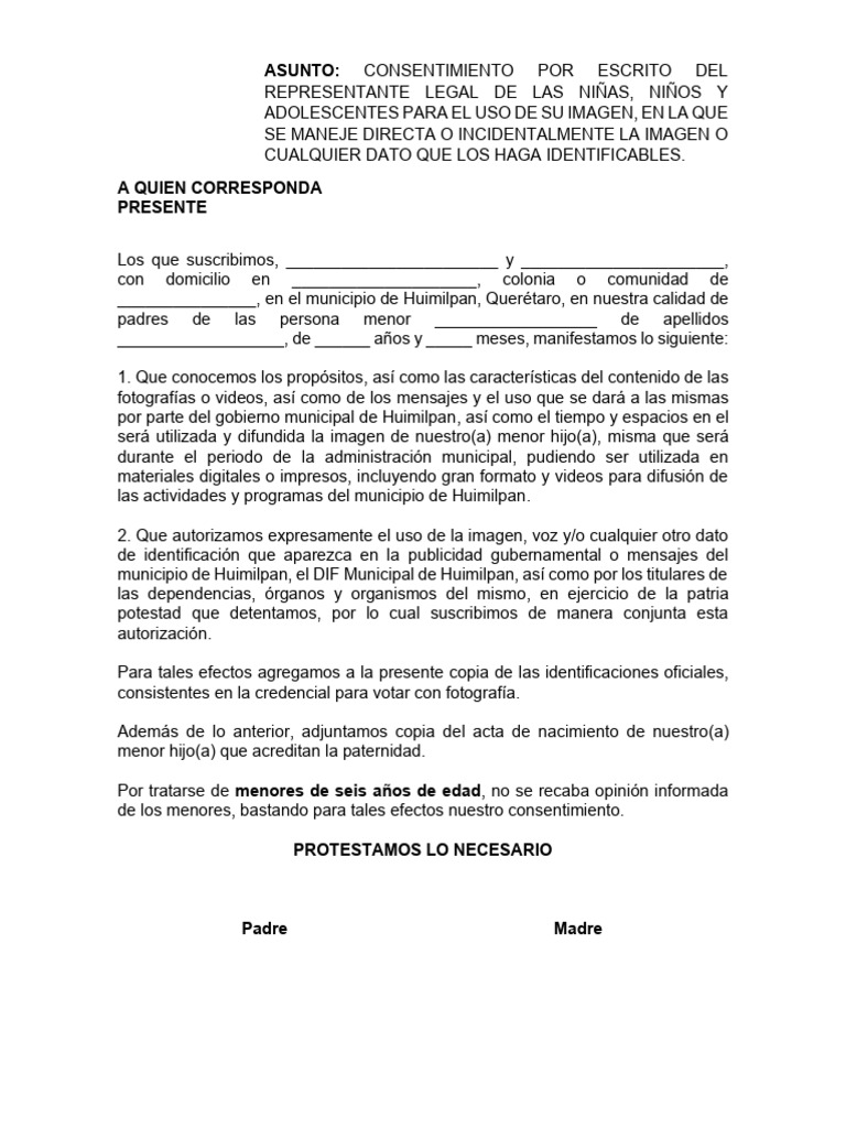 Consentimiento para Uso de Imagen Infantil | PDF