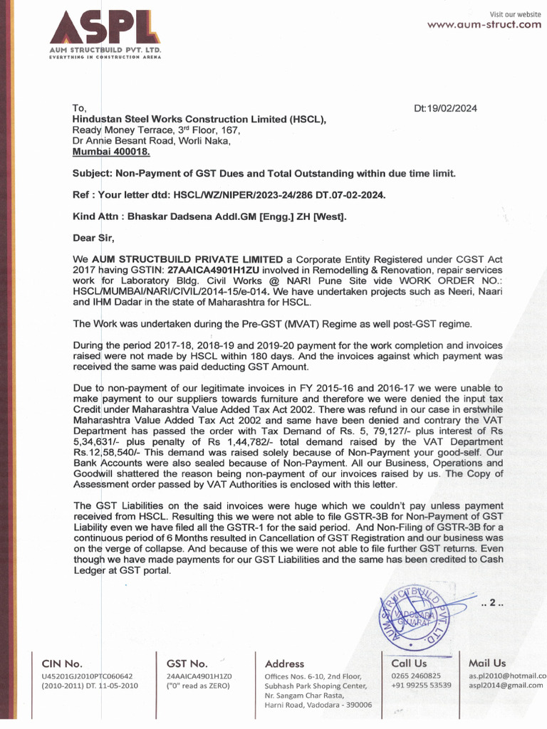 HSCL Letter For Recovery of Gst-Stax | PDF