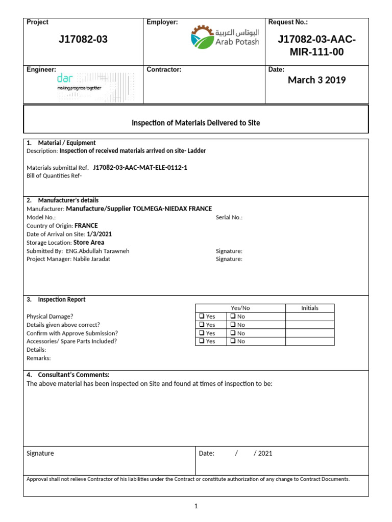 Inspection of Materials Delivered To Site | PDF
