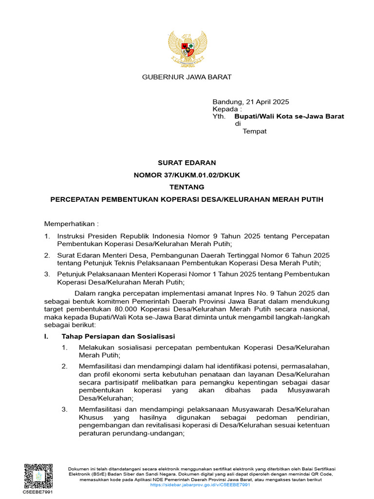 Surat Edaran Pembentukan Koperasi Merah Putih | PDF