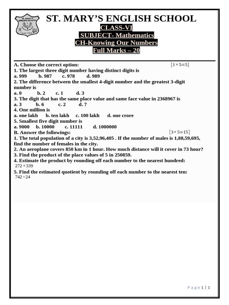 St. Mary'S English School: Class-Vi SUBJECT-Mathematics CH - Knowing ...