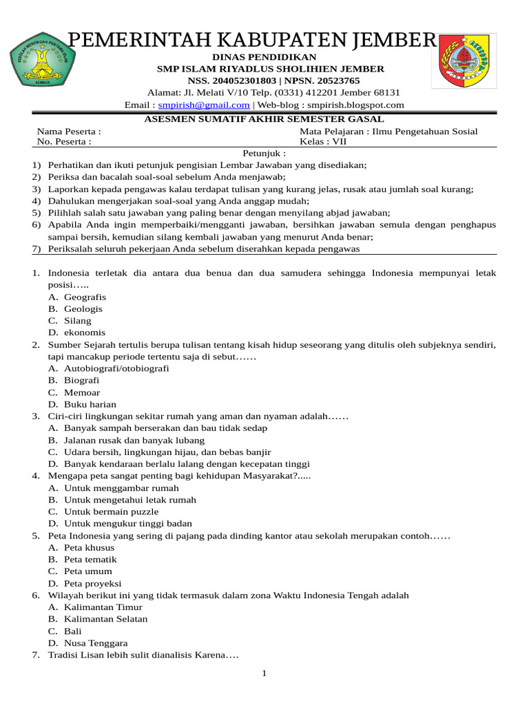 Asesmen - Sumatif - Akhir - Semester - Ganjil - Ips - Kelas - 7 Soal | PDF