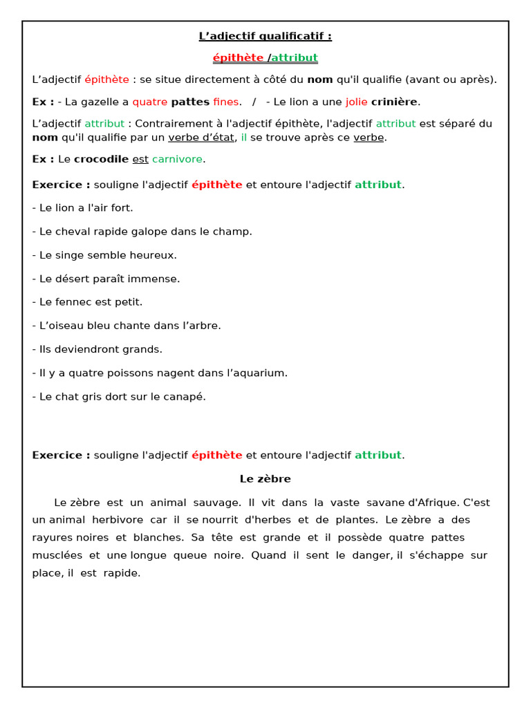 Adjectif épithète et attribut 5AP | PDF