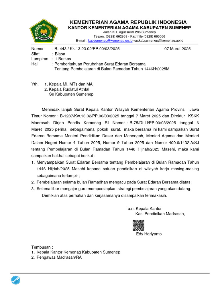 Pemberitahuan Perubahan Surat Edaran Bersama Tentang Pembelajaran Di Bulan Ramadan Tahun 1446H ...