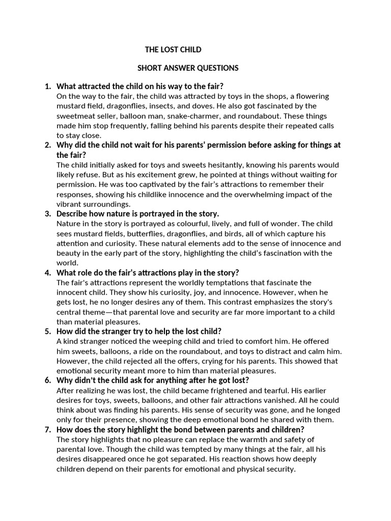 The Lost Child Short Answers Questions | PDF